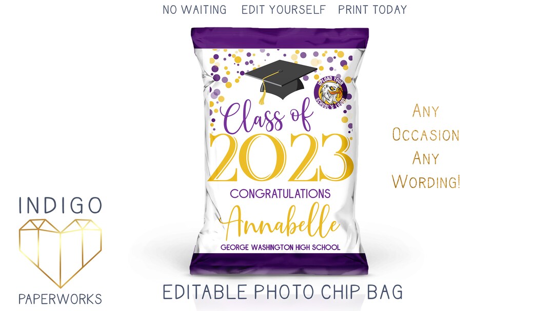 Printable 2023 Graduation Chip Bag, Purple and Yellow Modern Grad Party ...