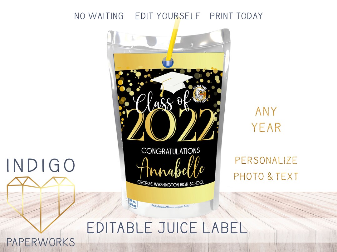 Printable Class of 2023 Graduation Juice Label, Black & Gold Foil ...