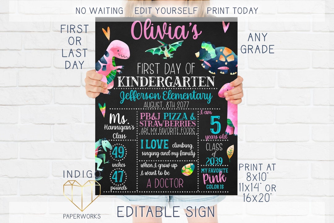 Printable Dinosaur First Day of School Chalkboard Sign Reusable Girls ...