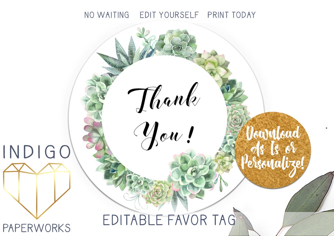 Succulent Party Favor Tags, Greenery Thank You 2" Round Tags, Greenery ...