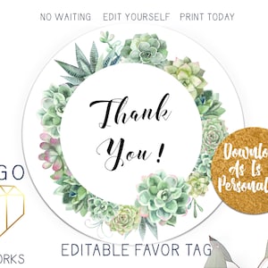 Succulent Party Favor Tags, Greenery Thank You 2" Round Tags, Greenery ...