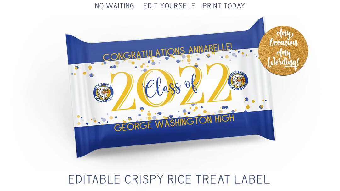 Printable 2023 Graduation Crispy Rice Treat Label, Navy and Yellow ...