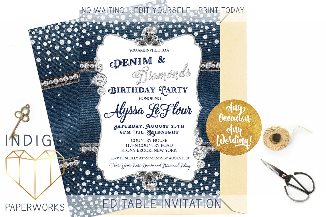 Denim and Diamonds Party Invitation Blue Jeans Bling Birthday | Etsy