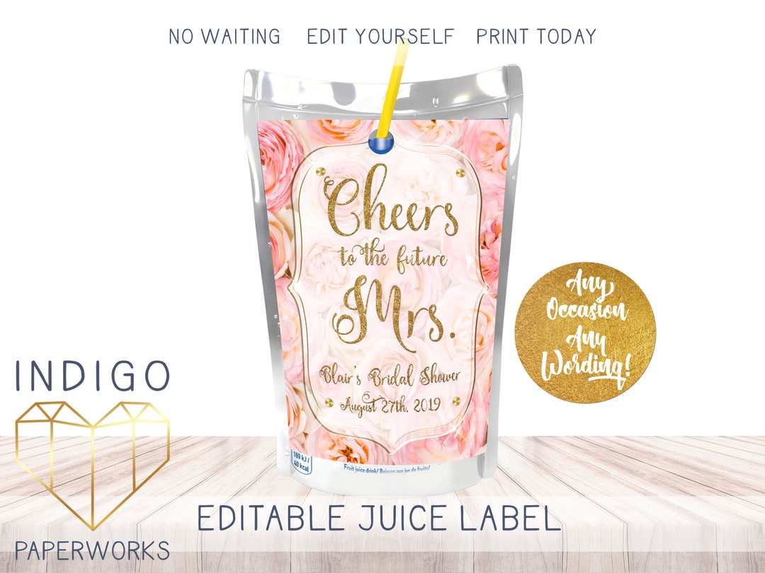 Printable Blush Pink Rose Juice Label, Beautiful Floral and Gold Garden ...