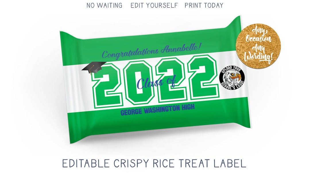Printable 2025 Graduation Crispy Rice Treat Label, Grad Green, White ...