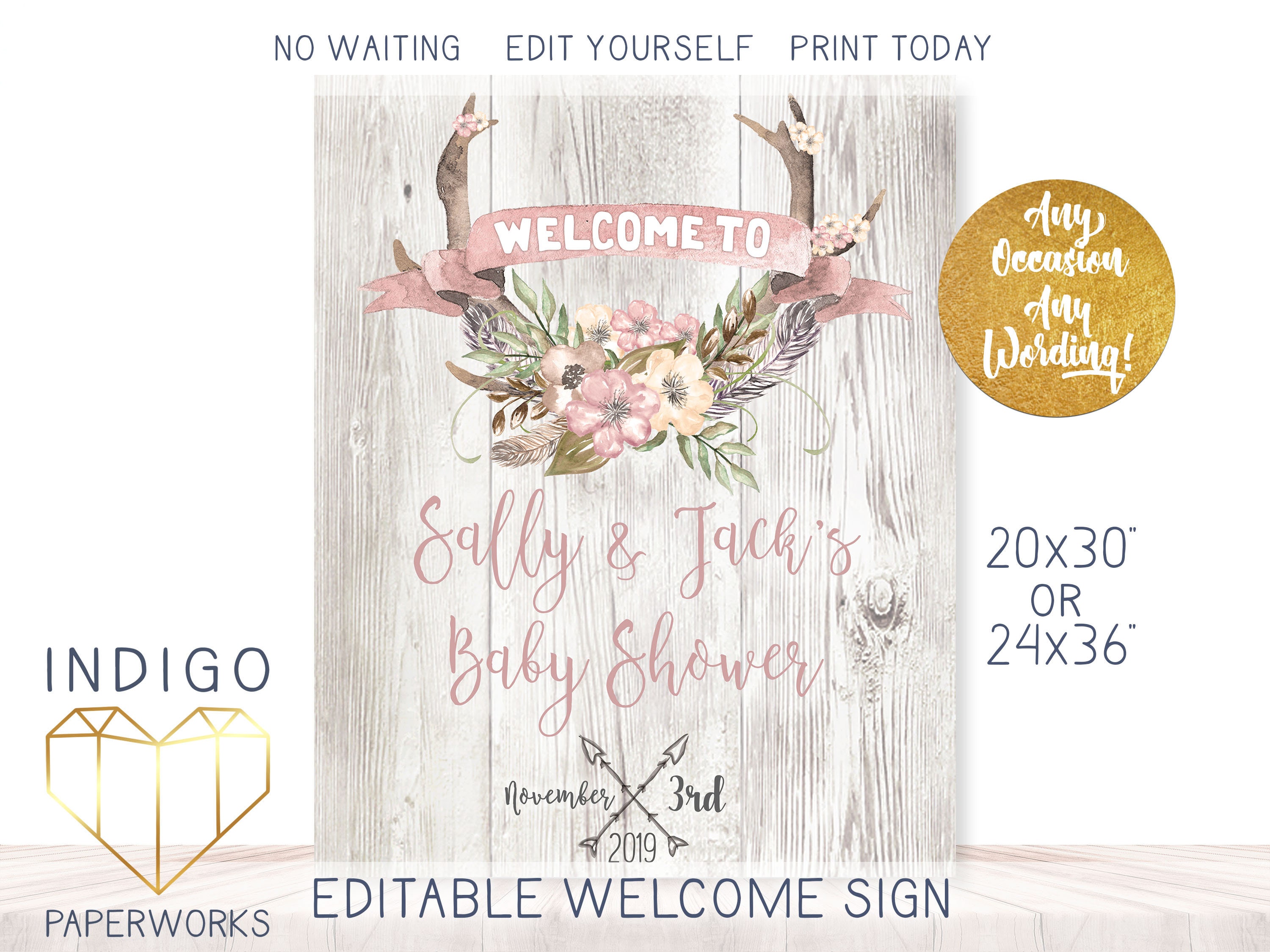Printable Rustic Boho Welcome Sign Girl Baby Shower Welcome | Etsy