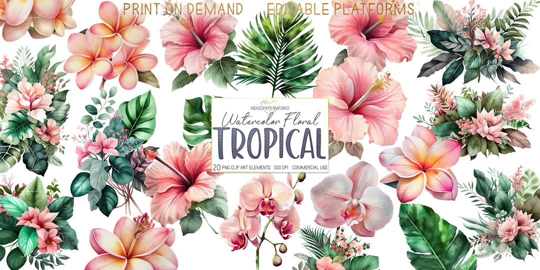 Watercolor Tropical Flowers Clipart- 16 Emerald Green Hawaiian Greenery ...