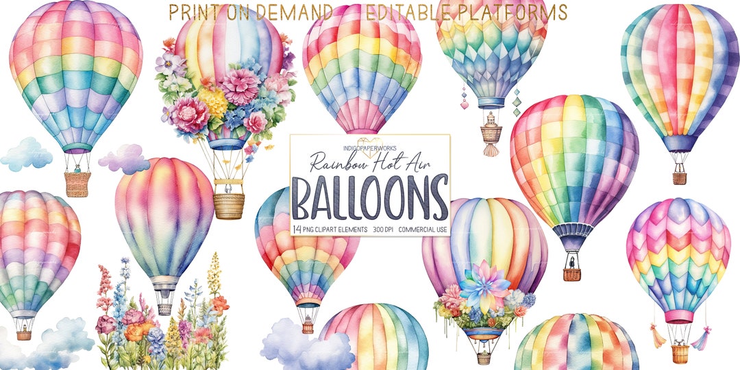 Colorful Watercolor Hot Air Balloon Clipart- 14 Pale Pastel Hot Air ...