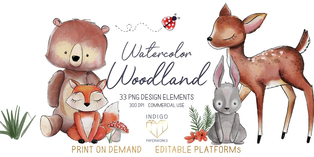 Watercolor Woodland Animals Clipart - Deer, Fox, Bunny Rabbit, Bear ...