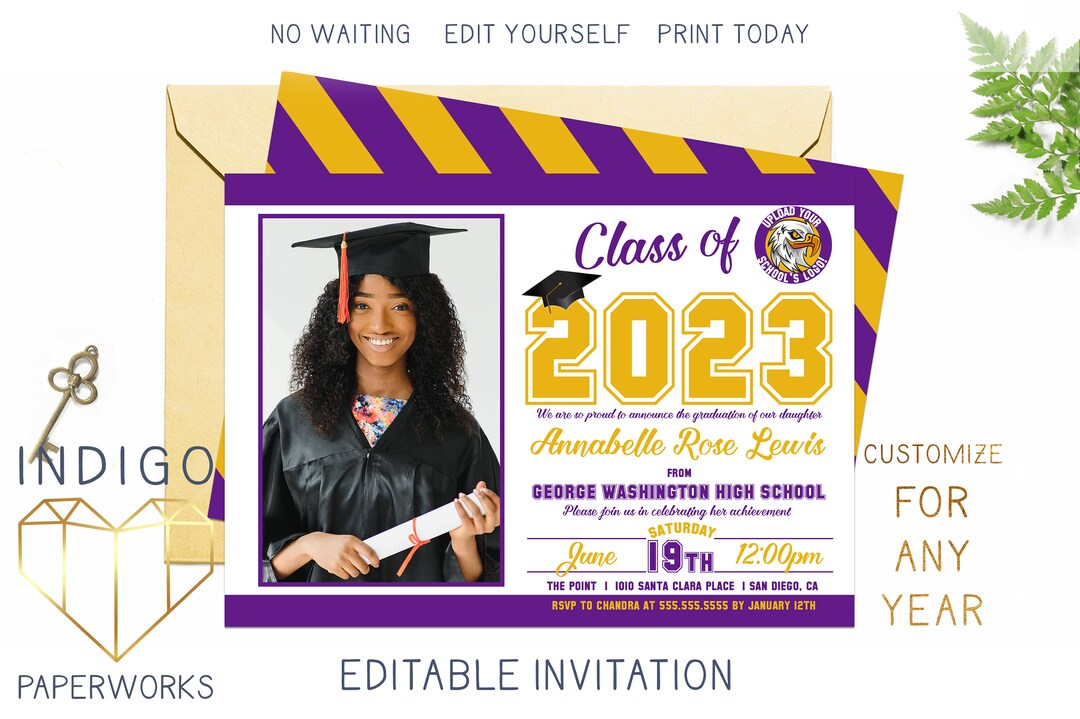 Printable 2023 Purple & Gold Graduation Photo Invitation - Etsy