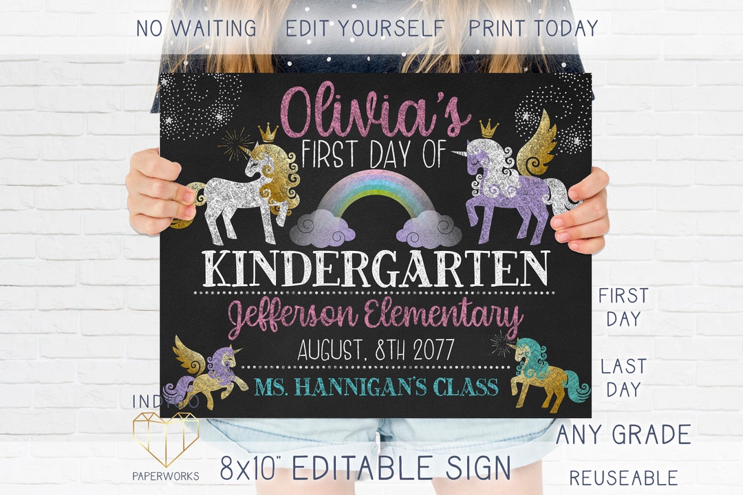 Printable First Day of School Unicorn Chalkboard Sign, Reusable Last ...