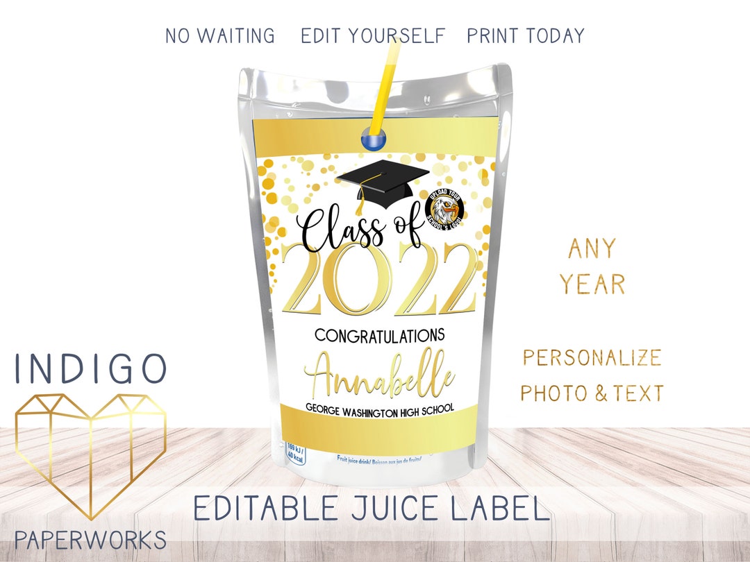 Printable Class of 2025 Graduation Juice Label, White & Gold Foil ...
