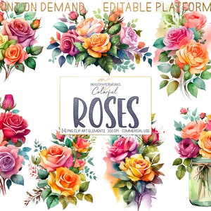 Colorful Watercolor Roses Clipart- 14 Pretty Bright Rose Bunches ...