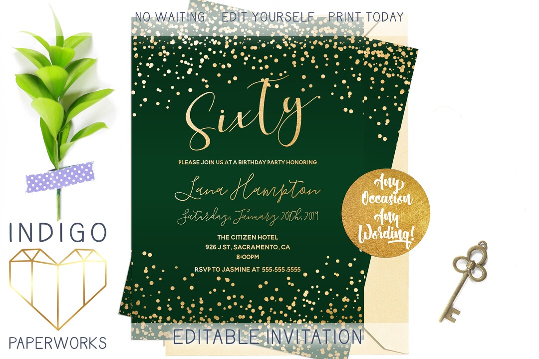 Gold Birthday Party Invitation, Glam Green and Gold Custom Party Invite ...