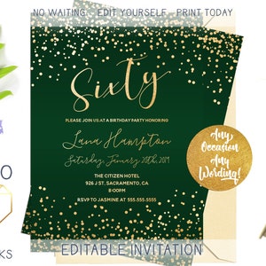 Gold Birthday Party Invitation, Glam Green and Gold Custom Party Invite ...