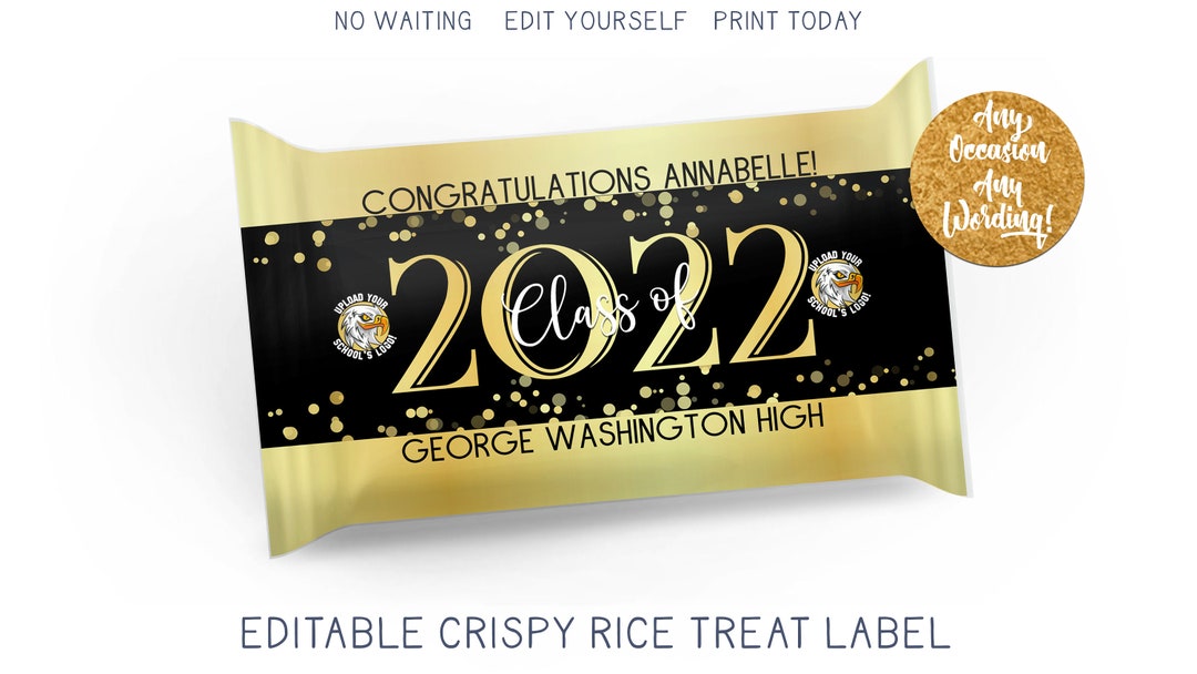 Printable 2025 Graduation Crispy Rice Treat Label, Black & Gold Foil ...