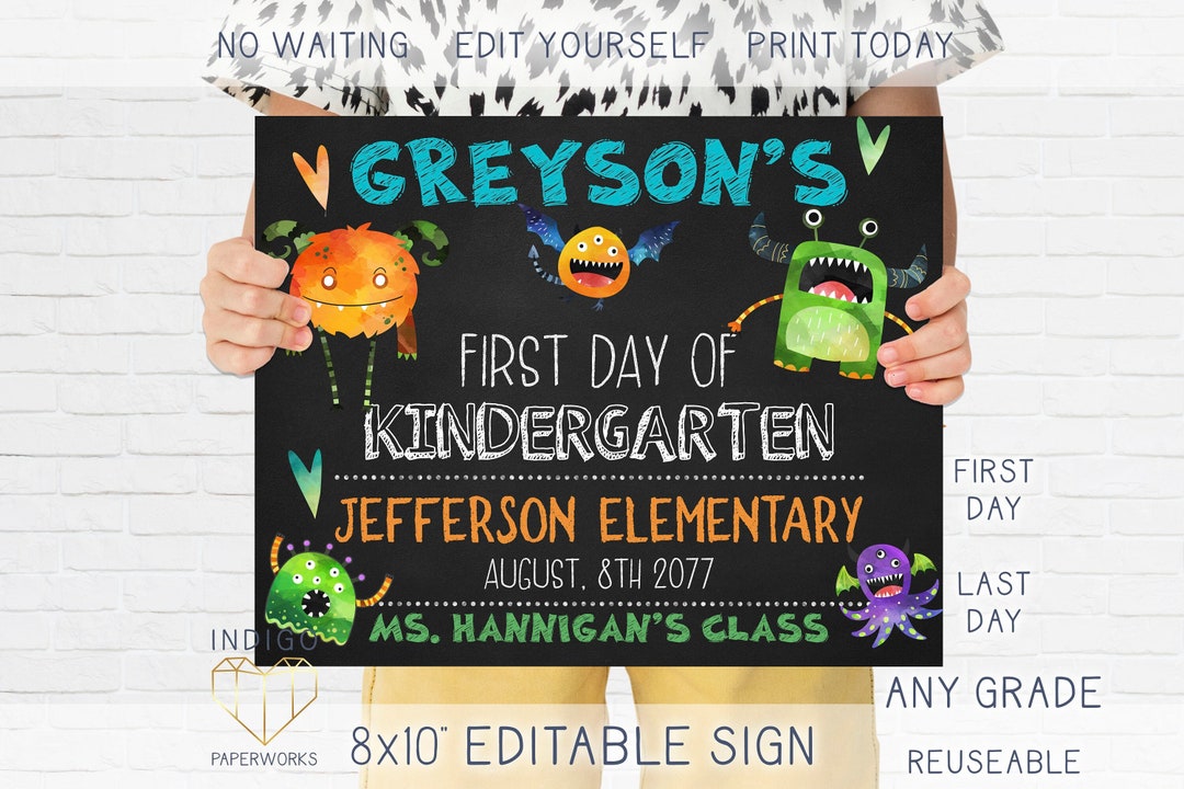 Printable Monster First Day of School Chalkboard Sign, Reusable Last ...