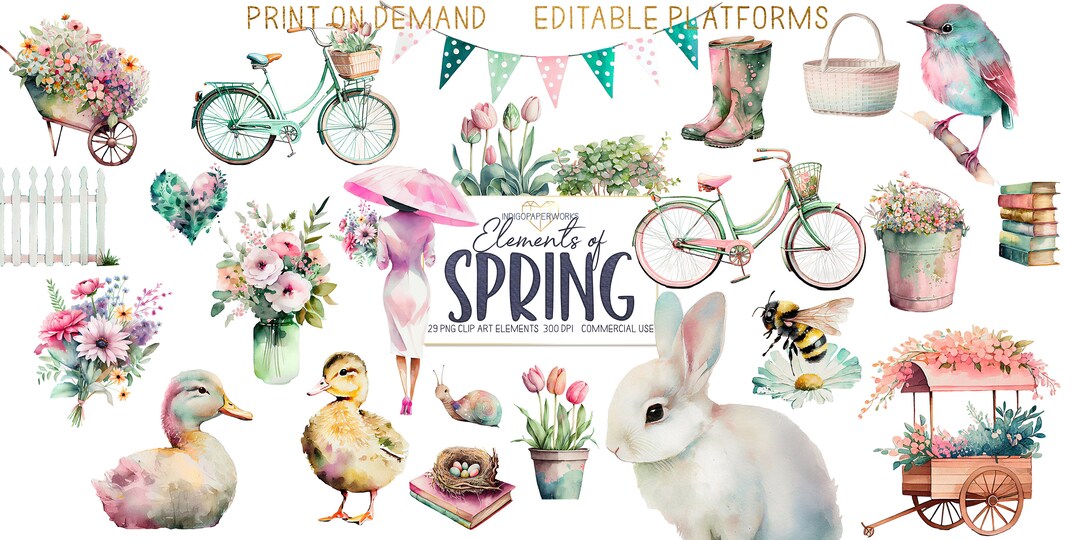 Pretty Watercolor Spring Clipart- 29 PNG Spring Garden Graphic Elements ...