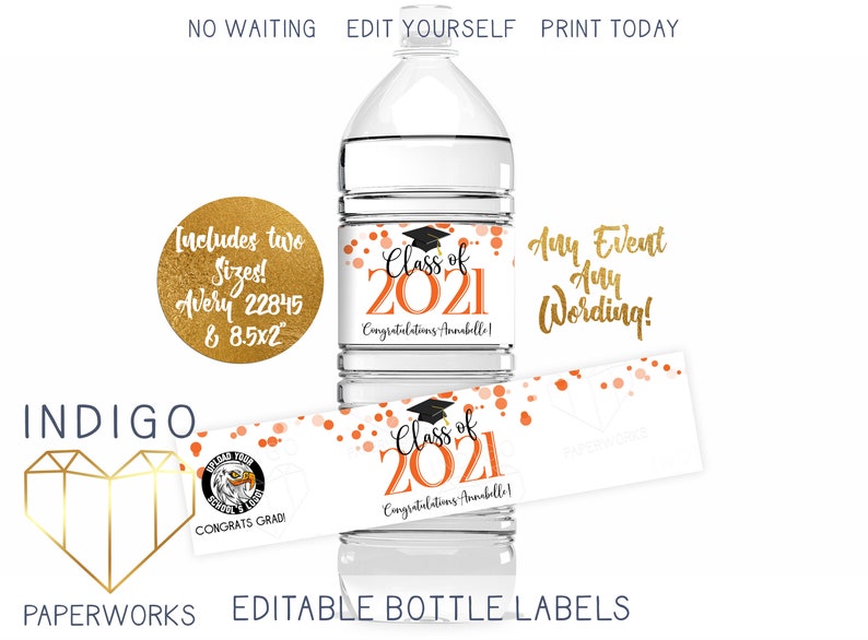 Party Supplies Printable Class of 2021 2022 Graduation Water Bottle ...