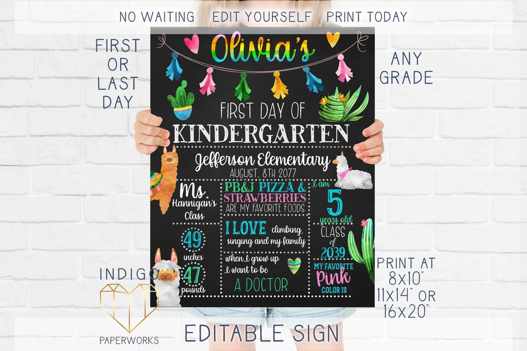Printable Llama First Day of School Chalkboard Sign Reusable Girls Last ...