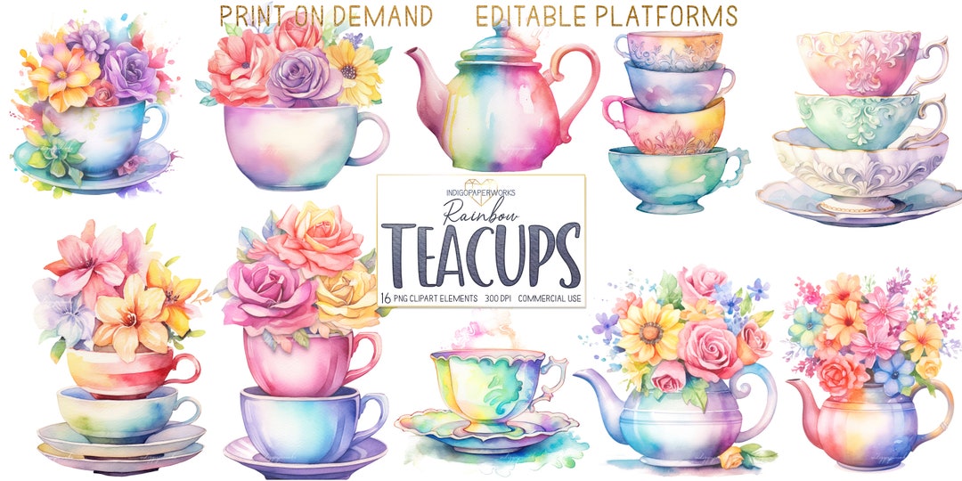 Colorful Watercolor Floral Teacups Clipart- 16 Pale Pastel Teacups ...