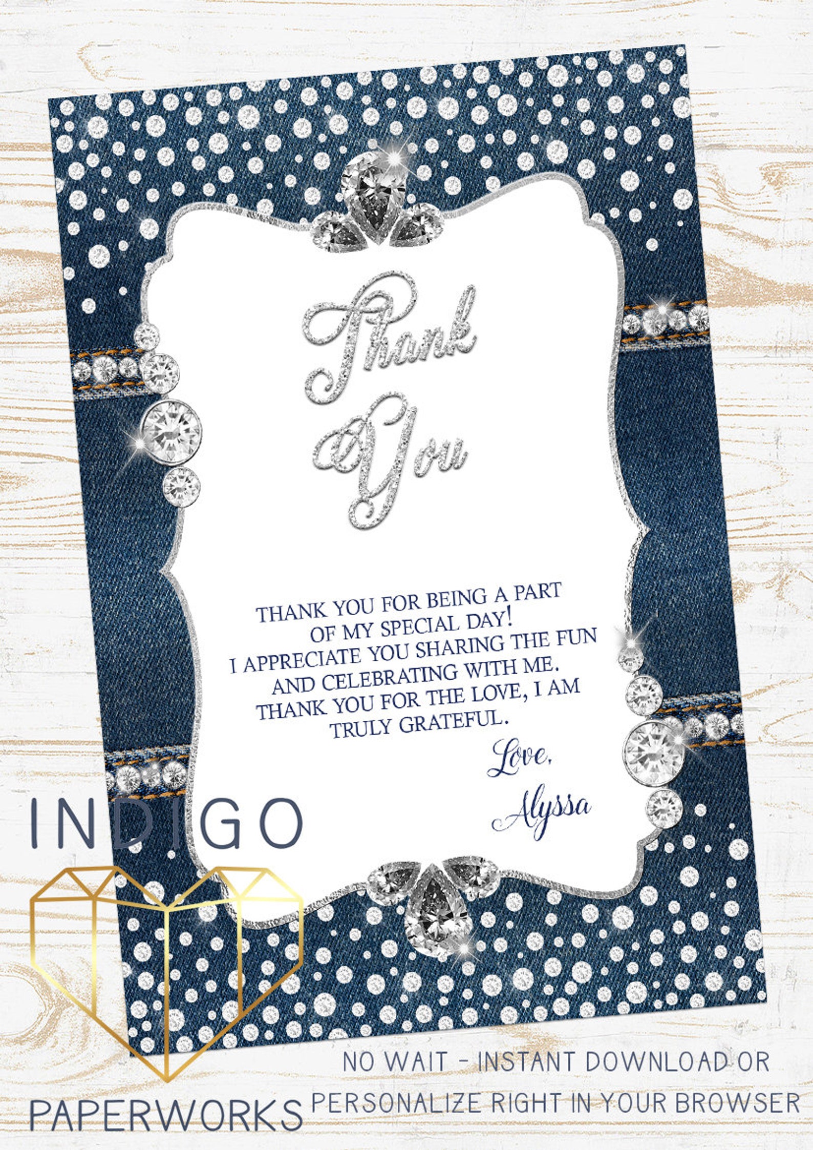 Denim and Diamonds Thank You Card Blue Jean Diamond Flat 4x6 - Etsy