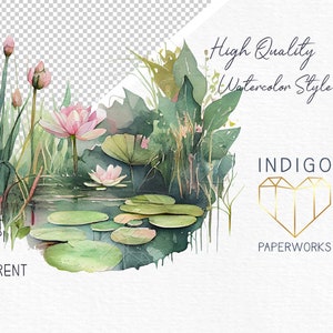 Watercolor Lily Pad Pond Clipart- 16 Cute Water Lily Flower Garden ...