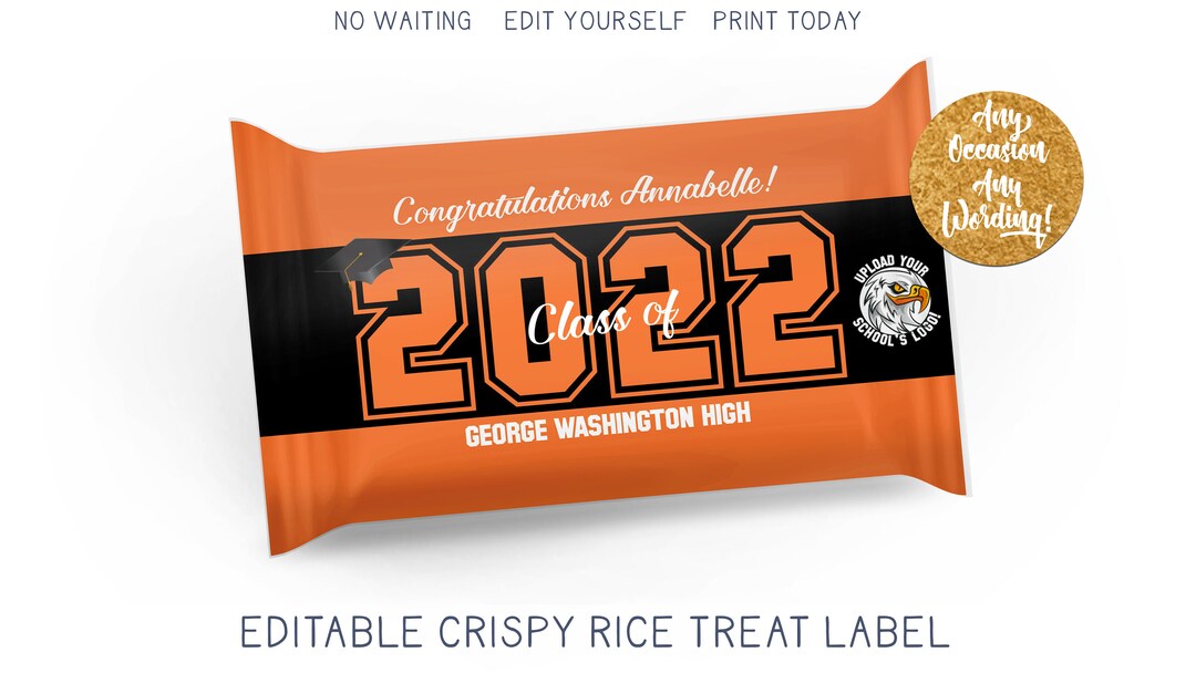 Printable 2025 Graduation Crispy Rice Treat Label, Grad Orange and ...