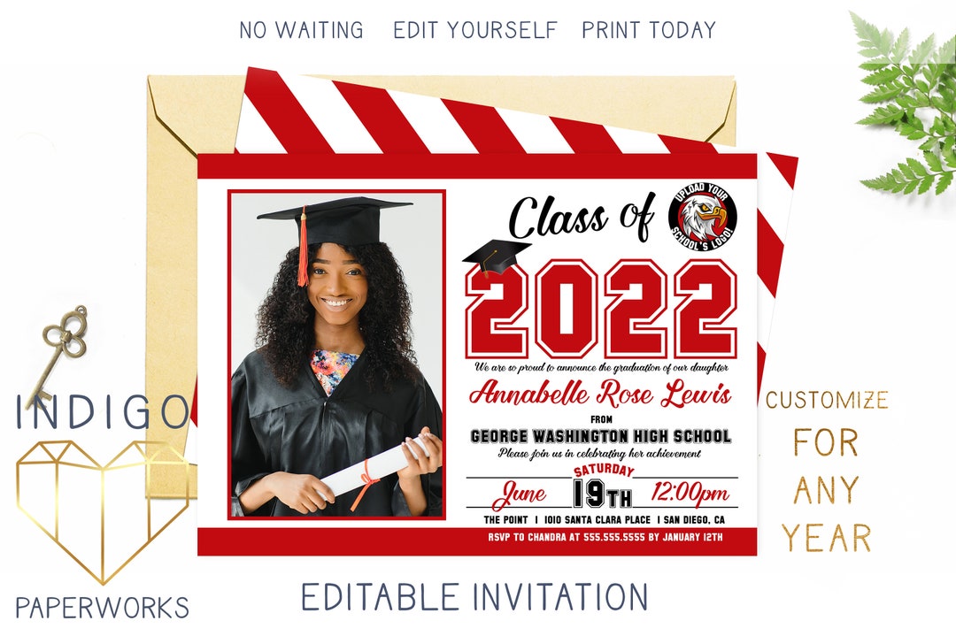 Printable 2025 Red & White Graduation Photo Invitation Classic Class of ...