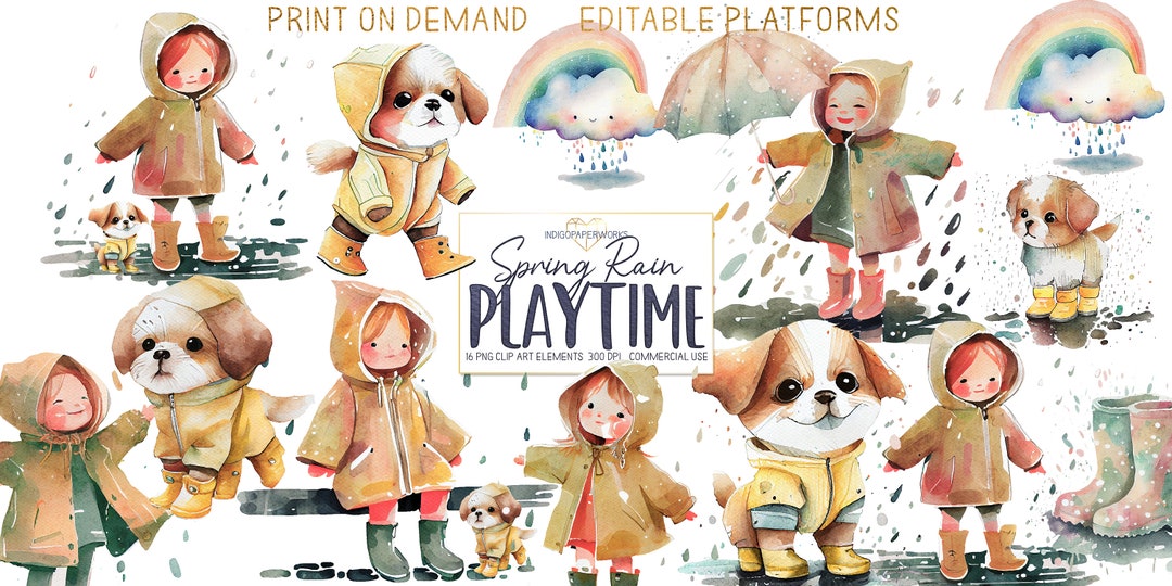 Cute Spring Rain Clipart- 16 PNG Watercolor Graphic Elements With ...