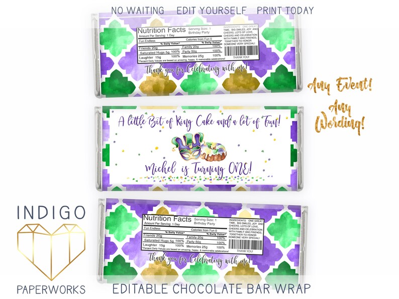 Printable Mardi Gras Chocolate Bar Label, Carnival Masquerade Candy Bar ...