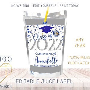 Printable Class of 2023 Graduation Juice Label, Navy Blue & Grey Modern ...