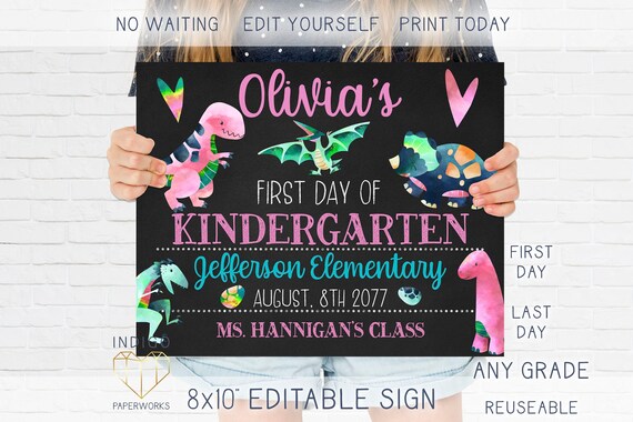 Printable First Day Of School Dinosaur Chalkboard Sign | Etsy