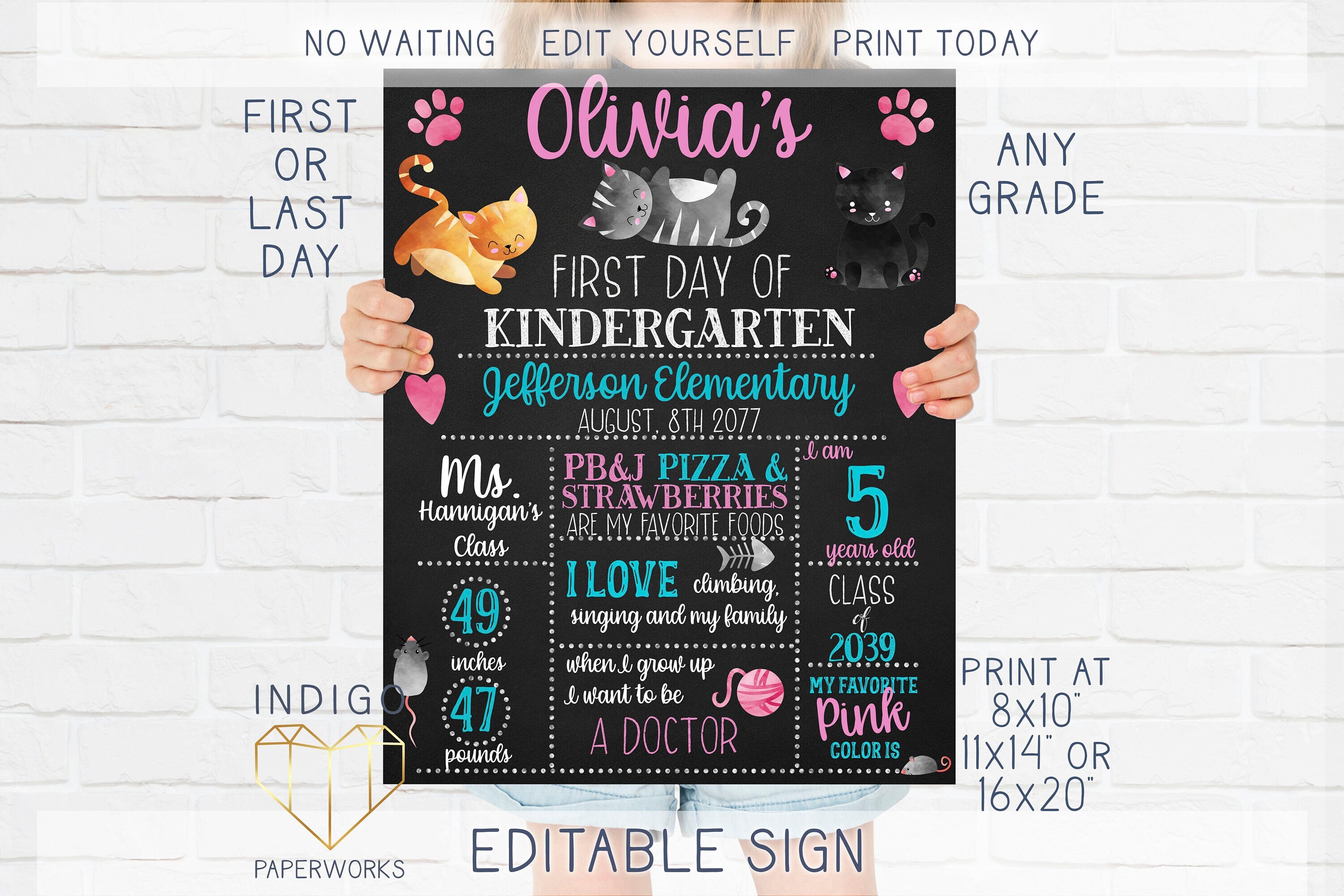 Printable Kitty Cat First Day Of School Chalkboard Sign | Etsy