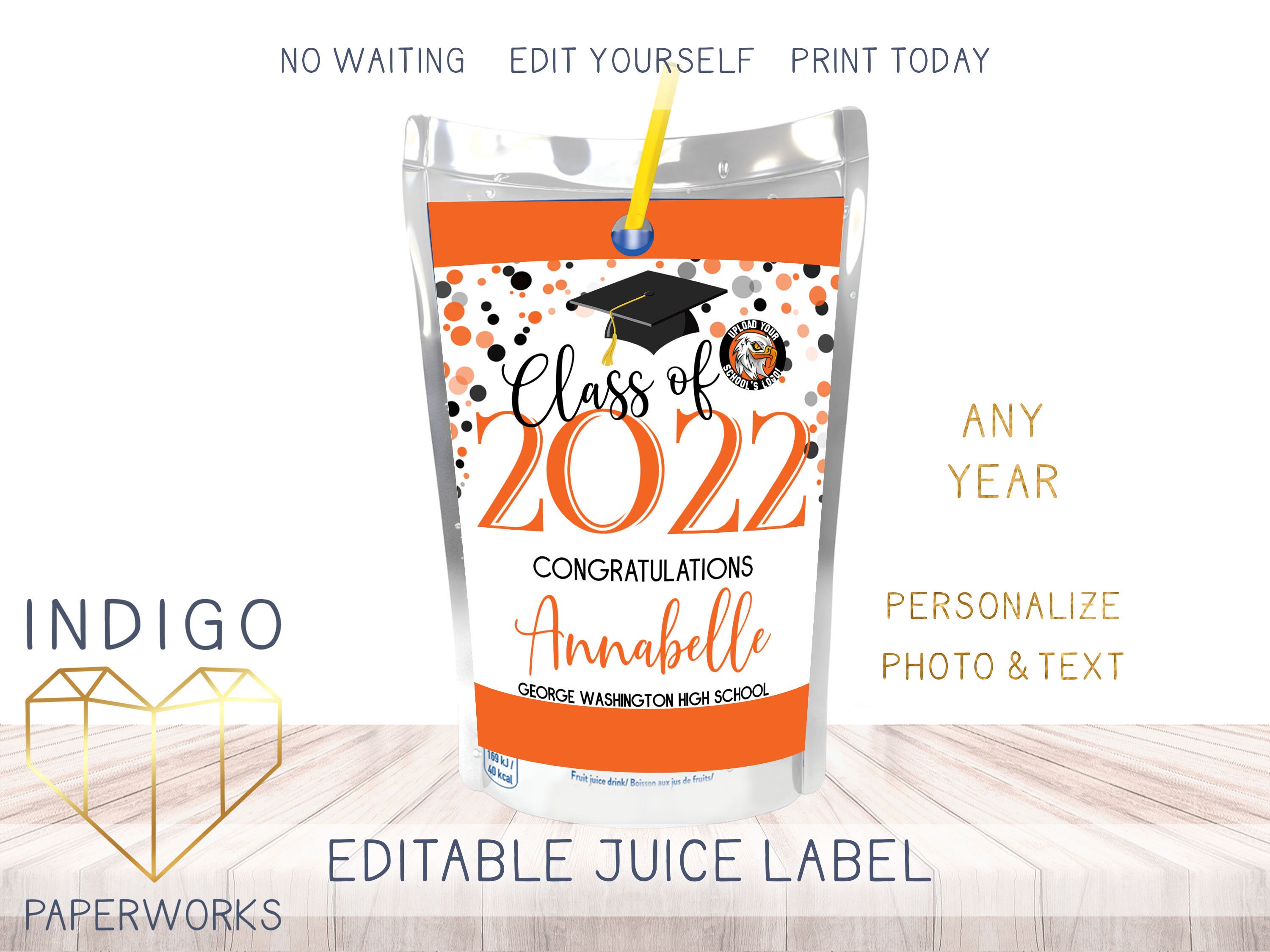 Printable Class of 2023 Graduation Juice Label Orange & White - Etsy