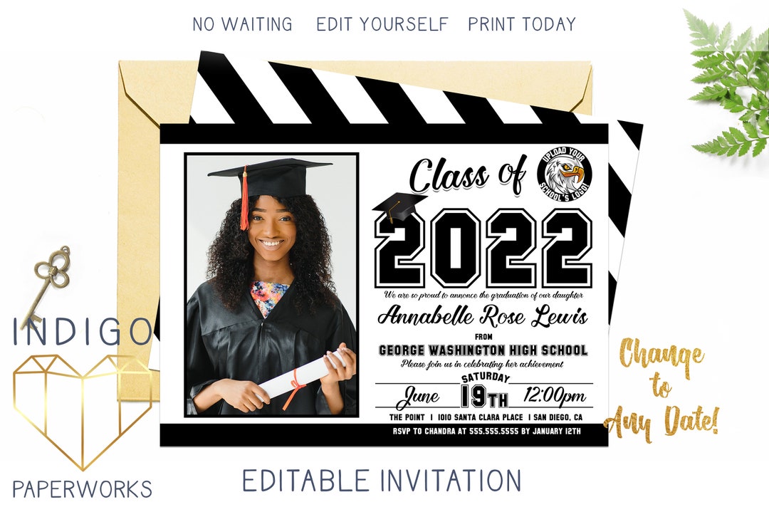 Printable 2023 Black & White Graduation Photo Invitation Classic Class ...