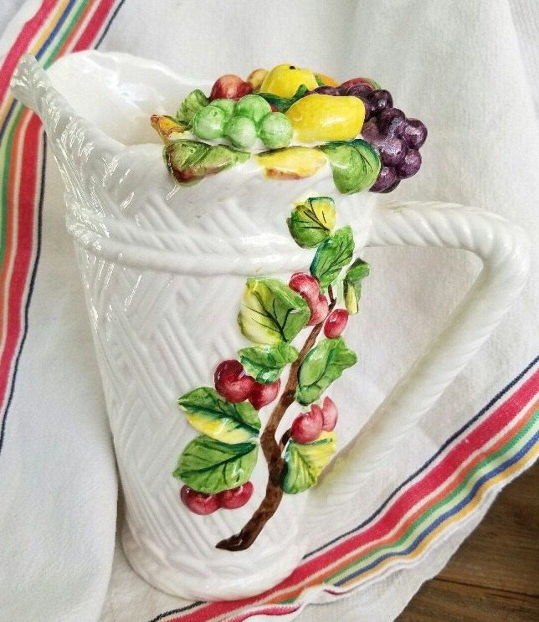 Vintage Lefton Pitcher – White Ceramic Basket Weave – Hand-painted ...