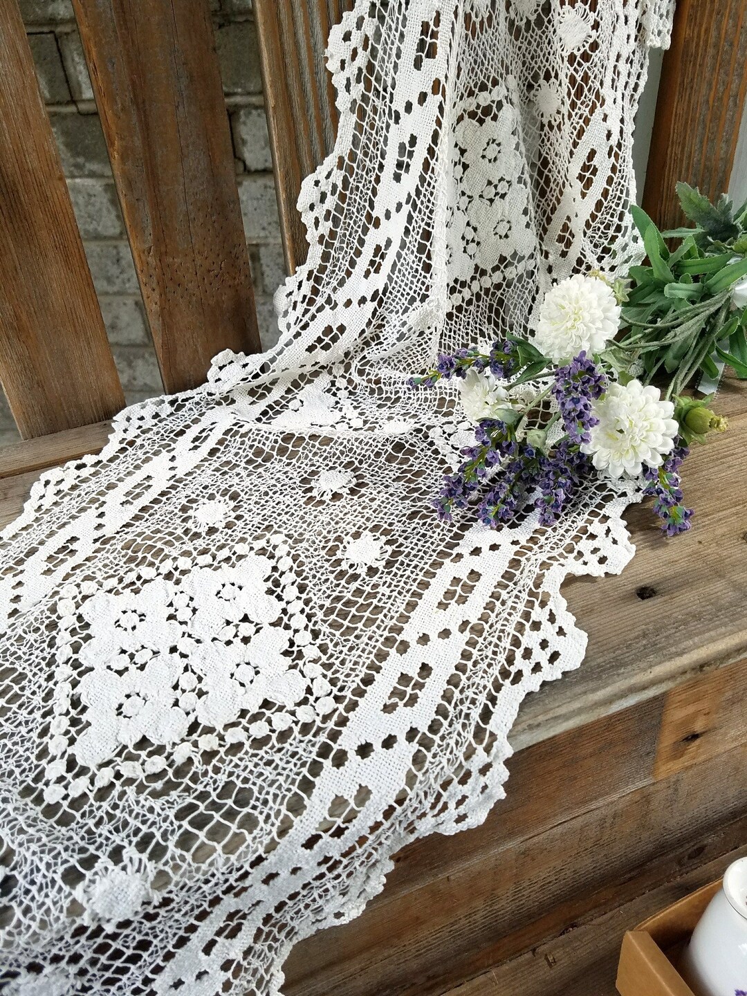 Vintage Net Lace Runner Beautiful Hand Work 14 Inches by 45 Inches Fine ...