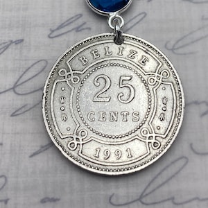 1991 Belize 25 Cents Coin Necklace Pendant. Genuine Brilliant Blue ...