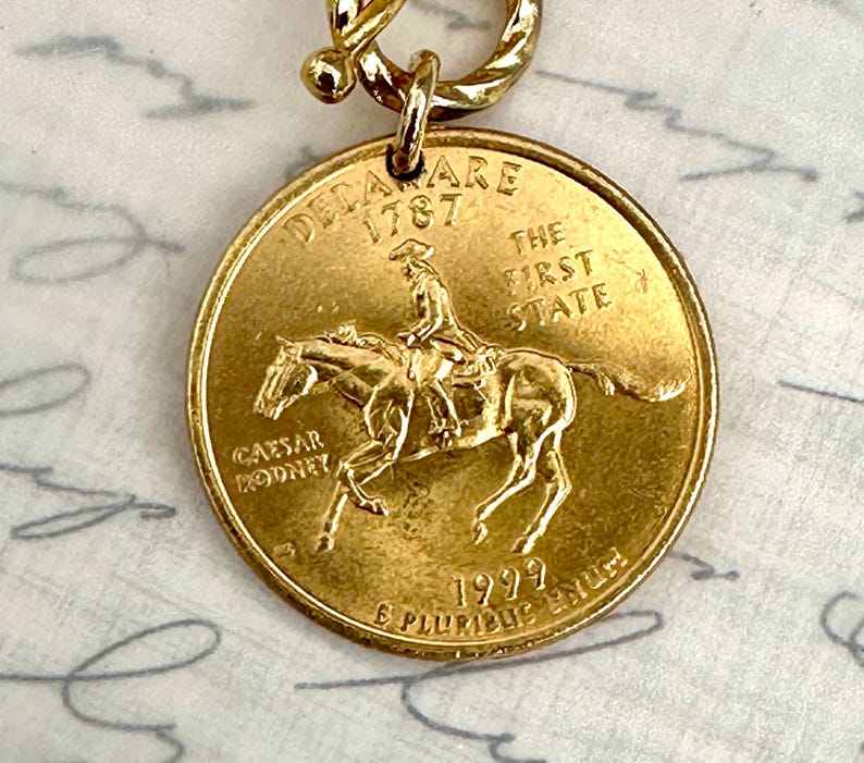 1999 Delaware State Quarter Coin Necklace Pendant. 24K Gold Plate Coin ...