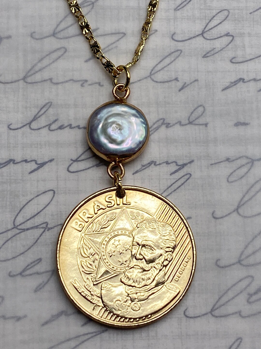 2002 Brazil 25 Centavos Coin Necklace Pendant. Genuine Freshwater Pearl ...