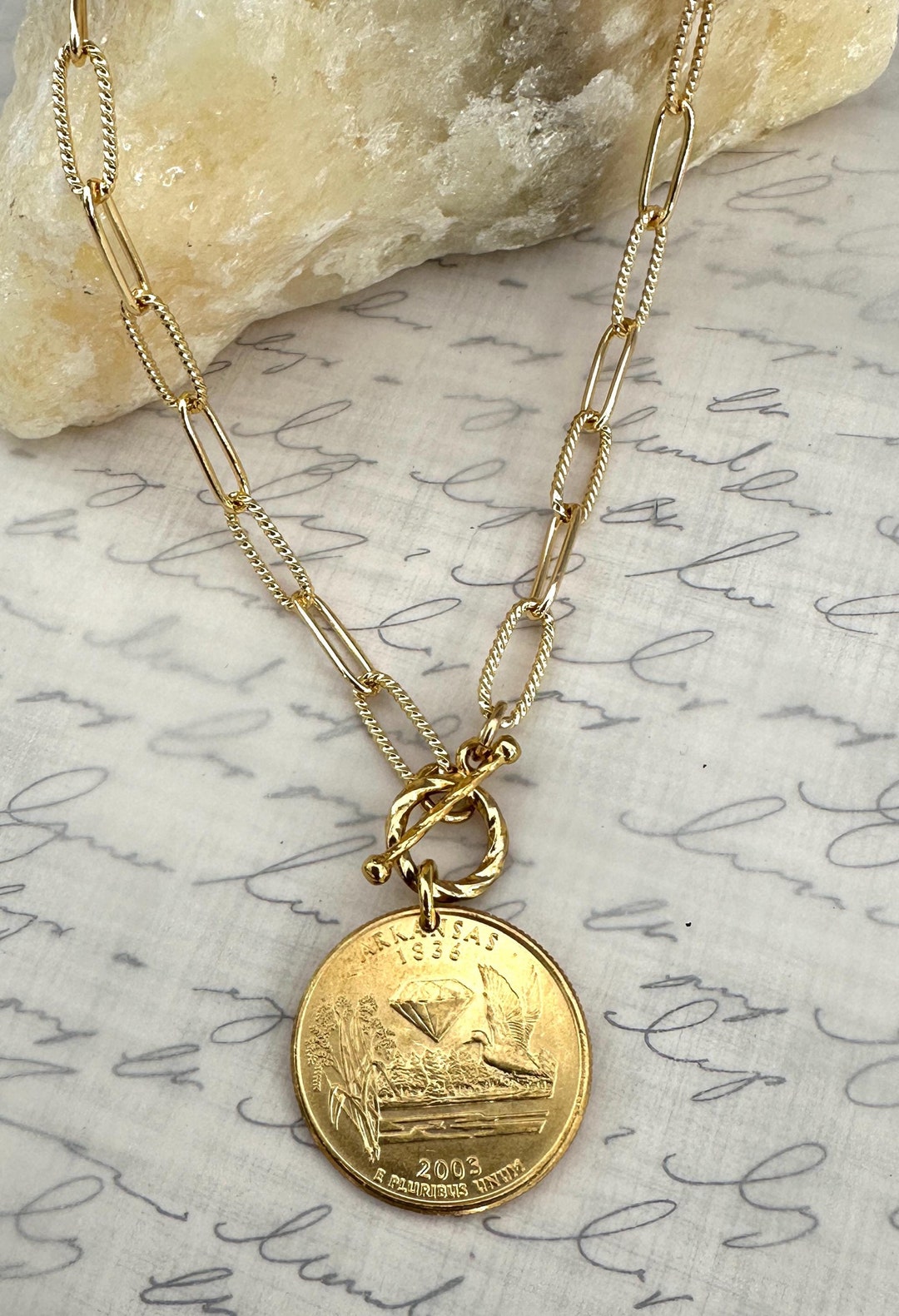 2003 Arkansas State Quarter Coin Necklace Pendant. 24K Gold Plate Coin ...