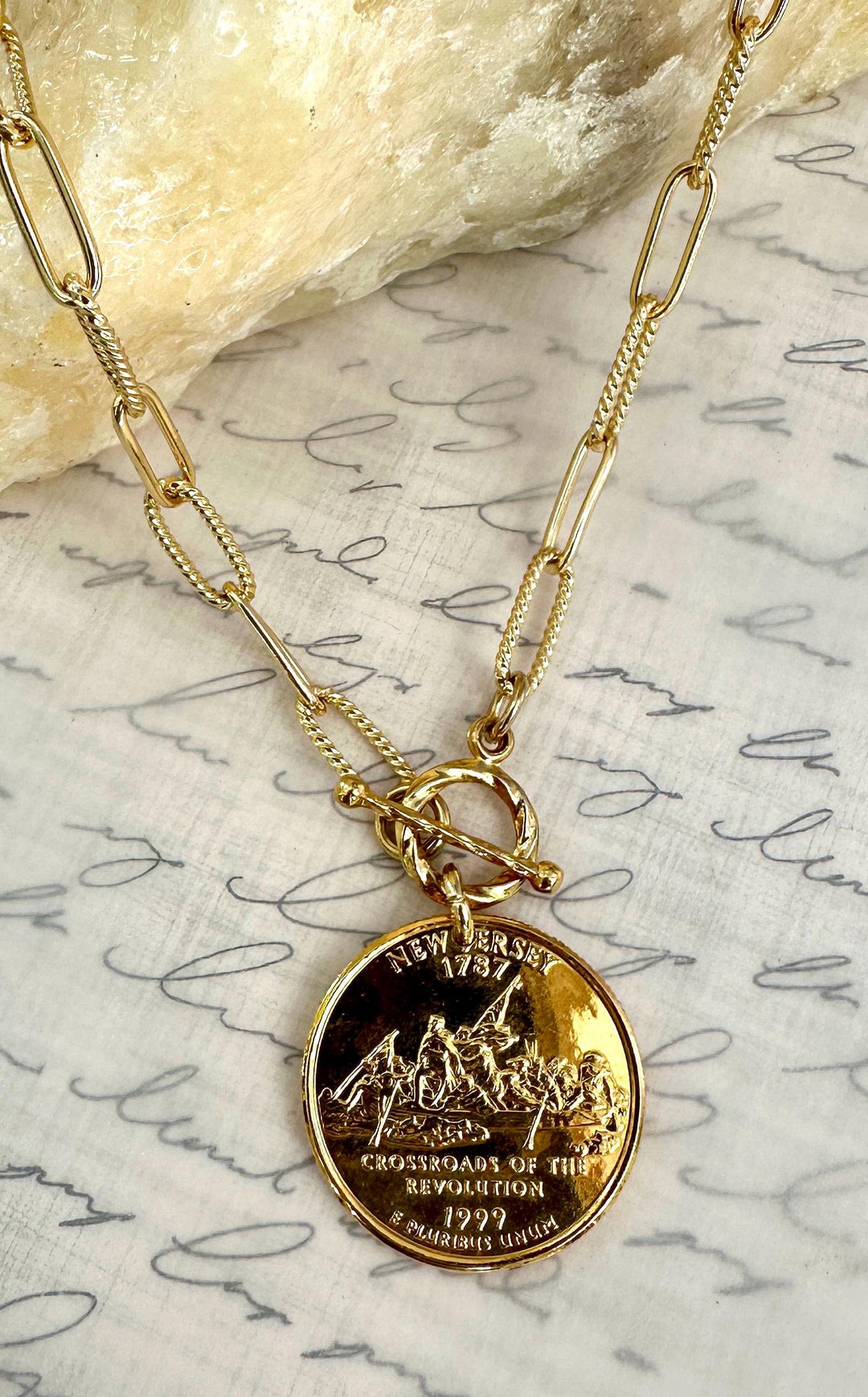 1999 New Jersey State Quarter Coin Necklace Pendant. 24K Gold Plate ...