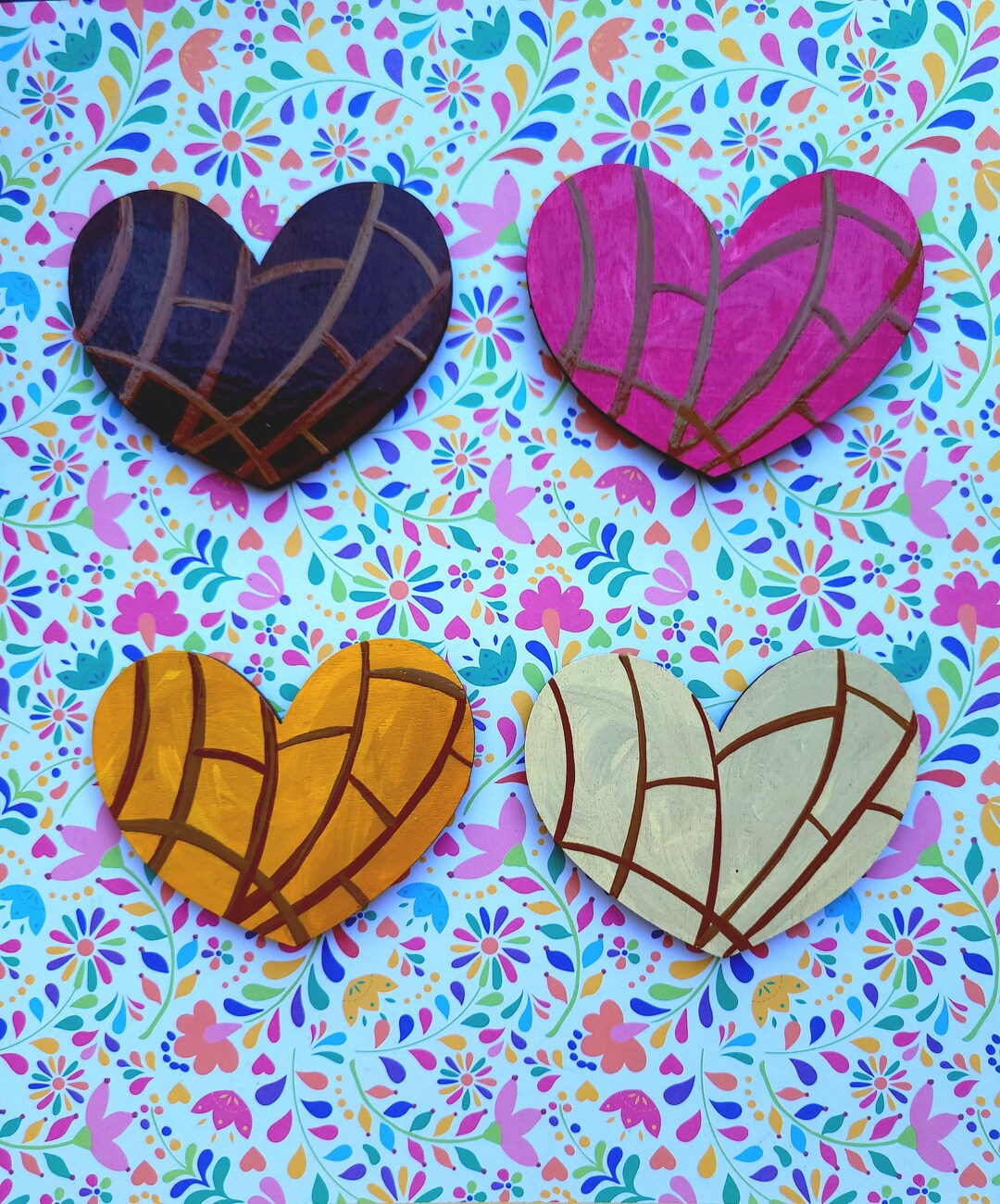 Hand-painted Wooden Concha Heart Magnet – Mexican Pan Dulce Brooch ...