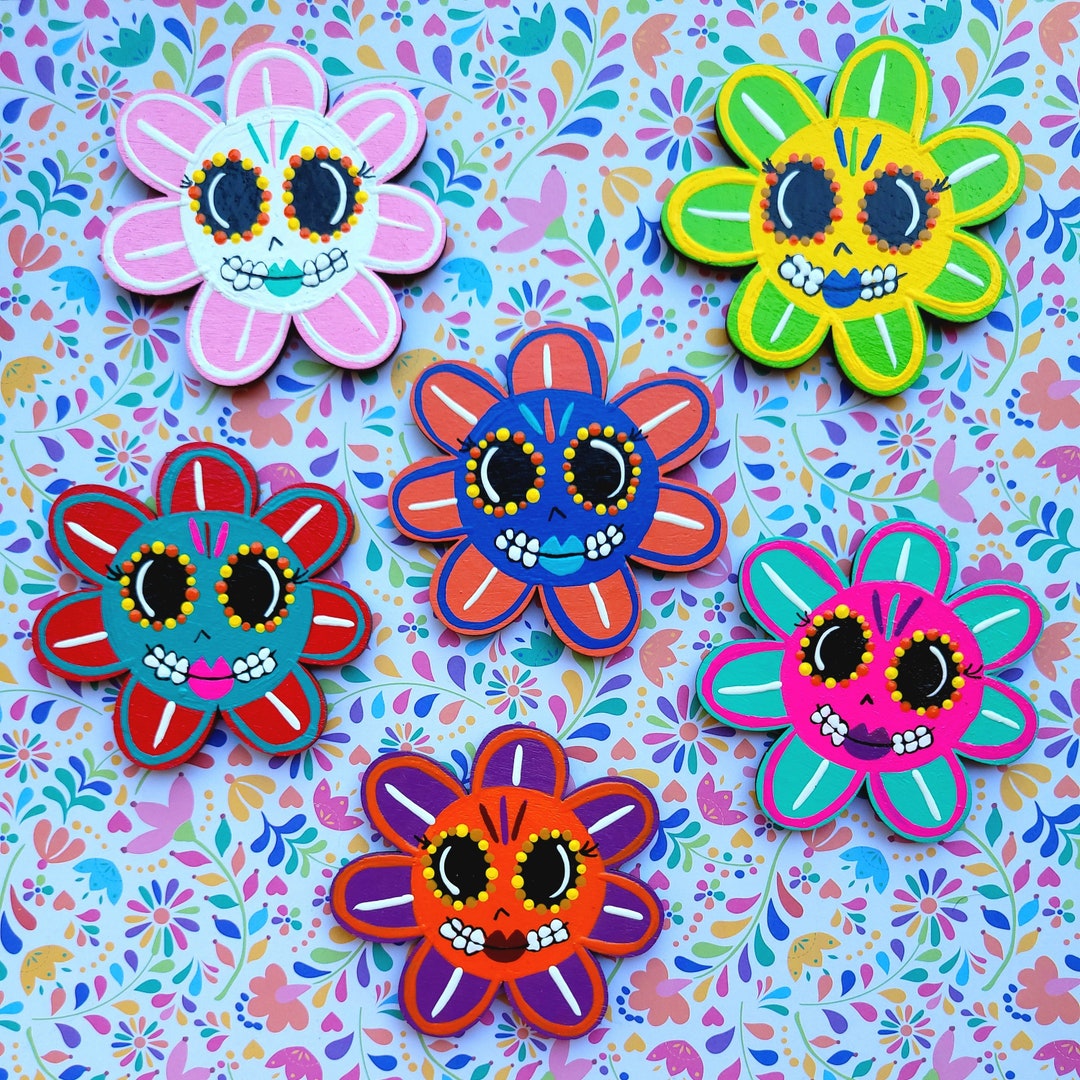 Hand-painted Wooden Flower Brooch Magnet – Vibrant Mexican Folk Art ...