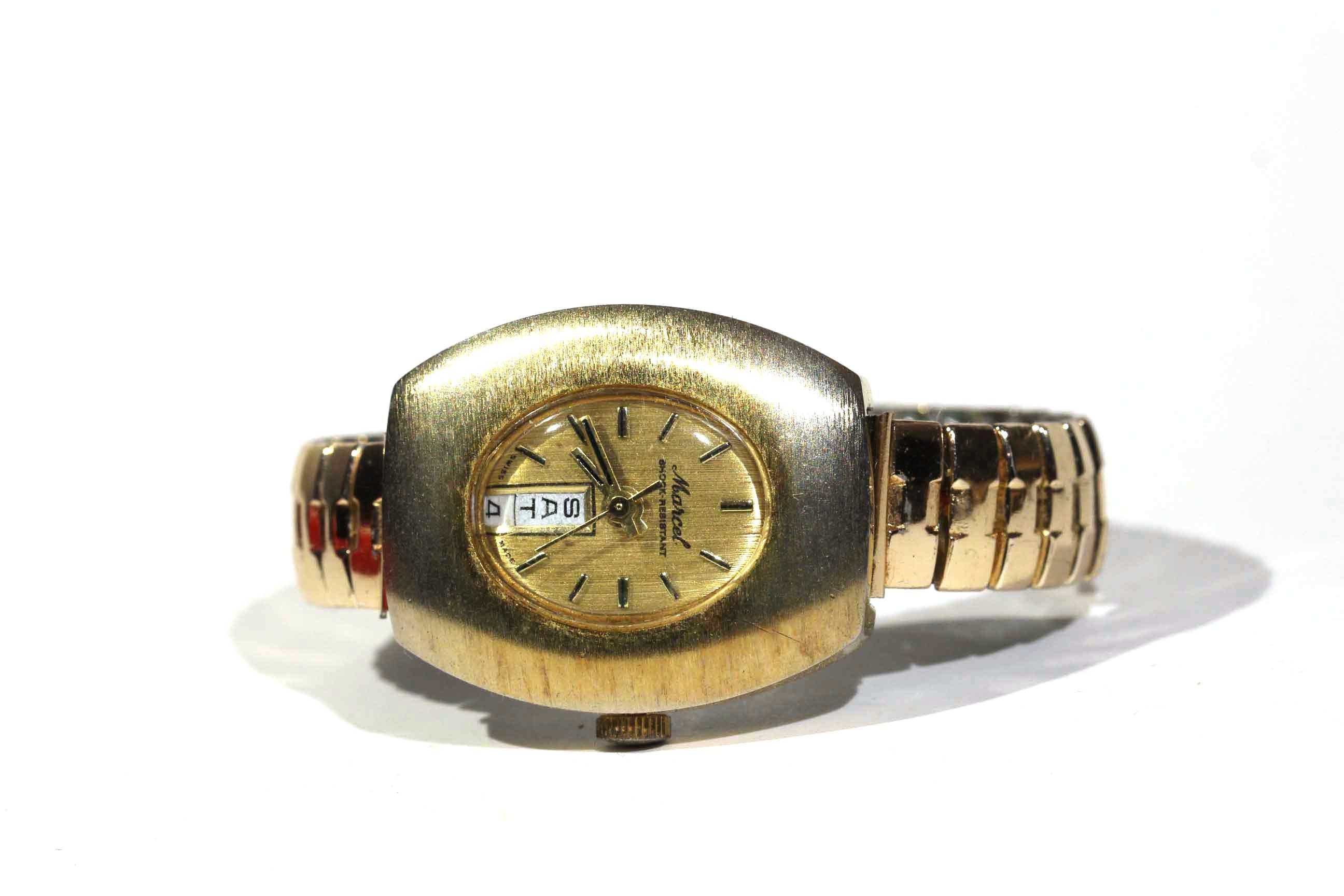 Vintage MARCEL Brushed Gold Metal Swiss Unusual Tank Modernist Round ...