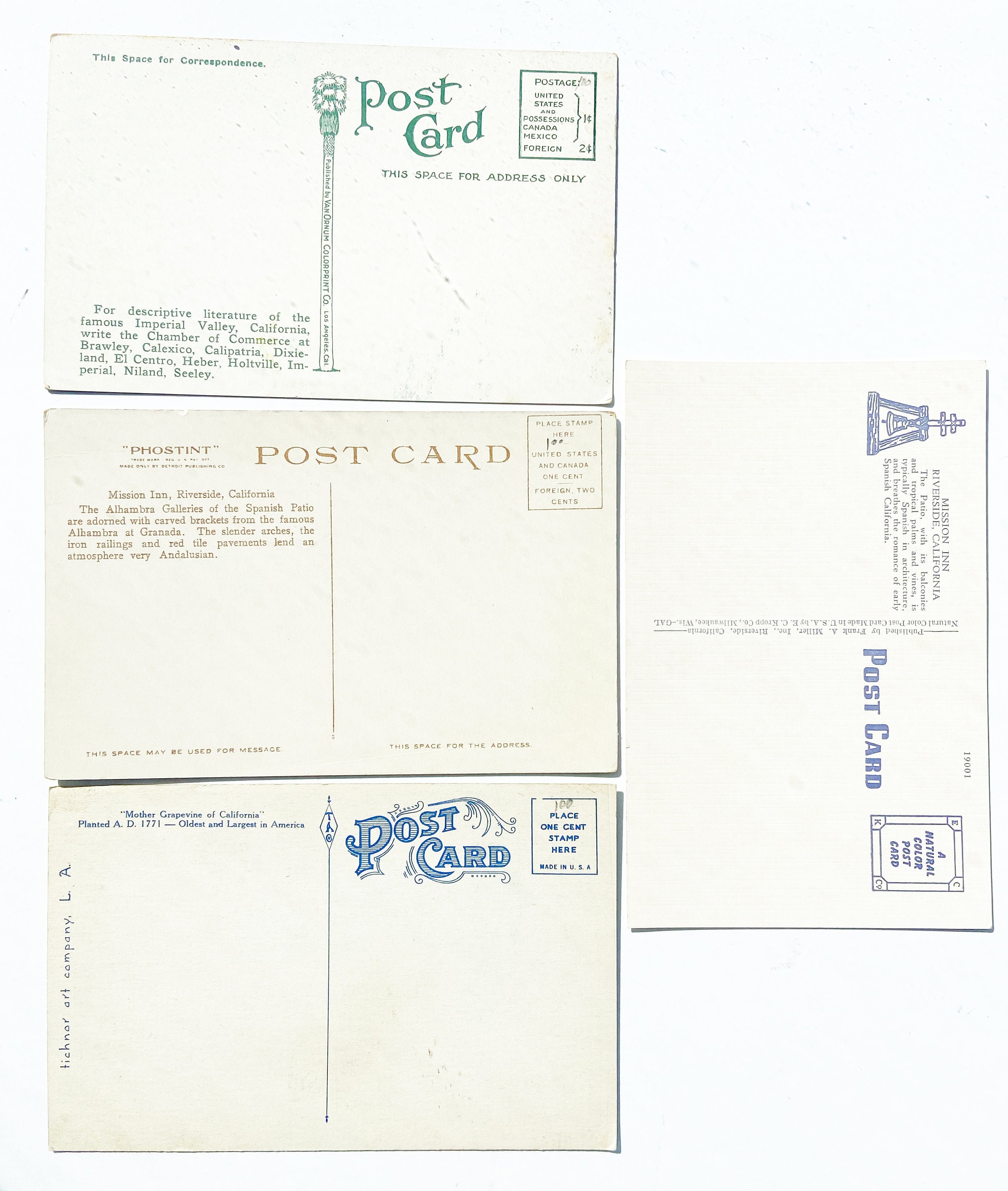Vintage Set of 4 California Postcards, Mission Inn Riverside, Glenwood ...