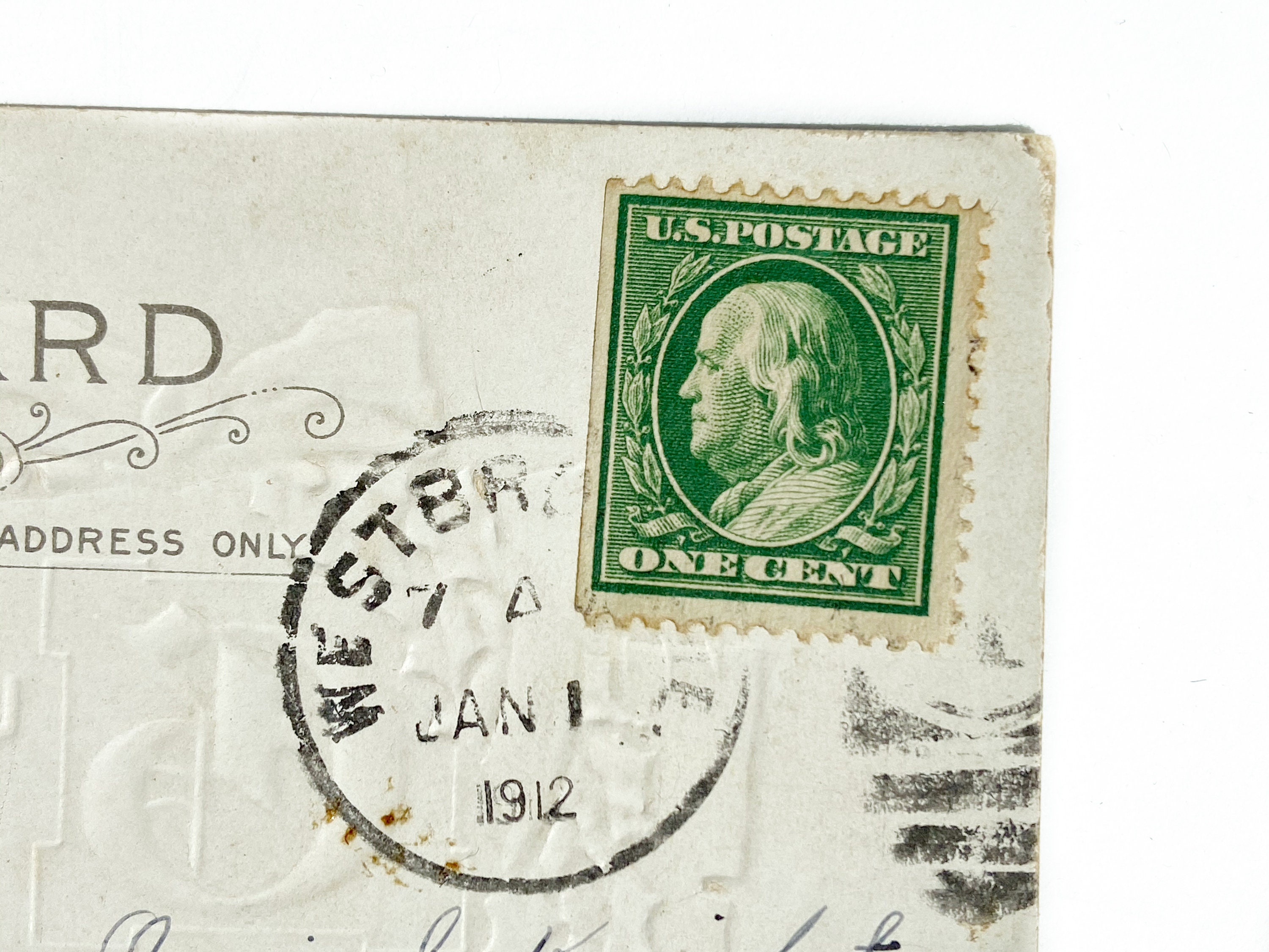 Very Rare Benjamin Franklin One Cent Stamp, 1911 Christmas Postcard ...