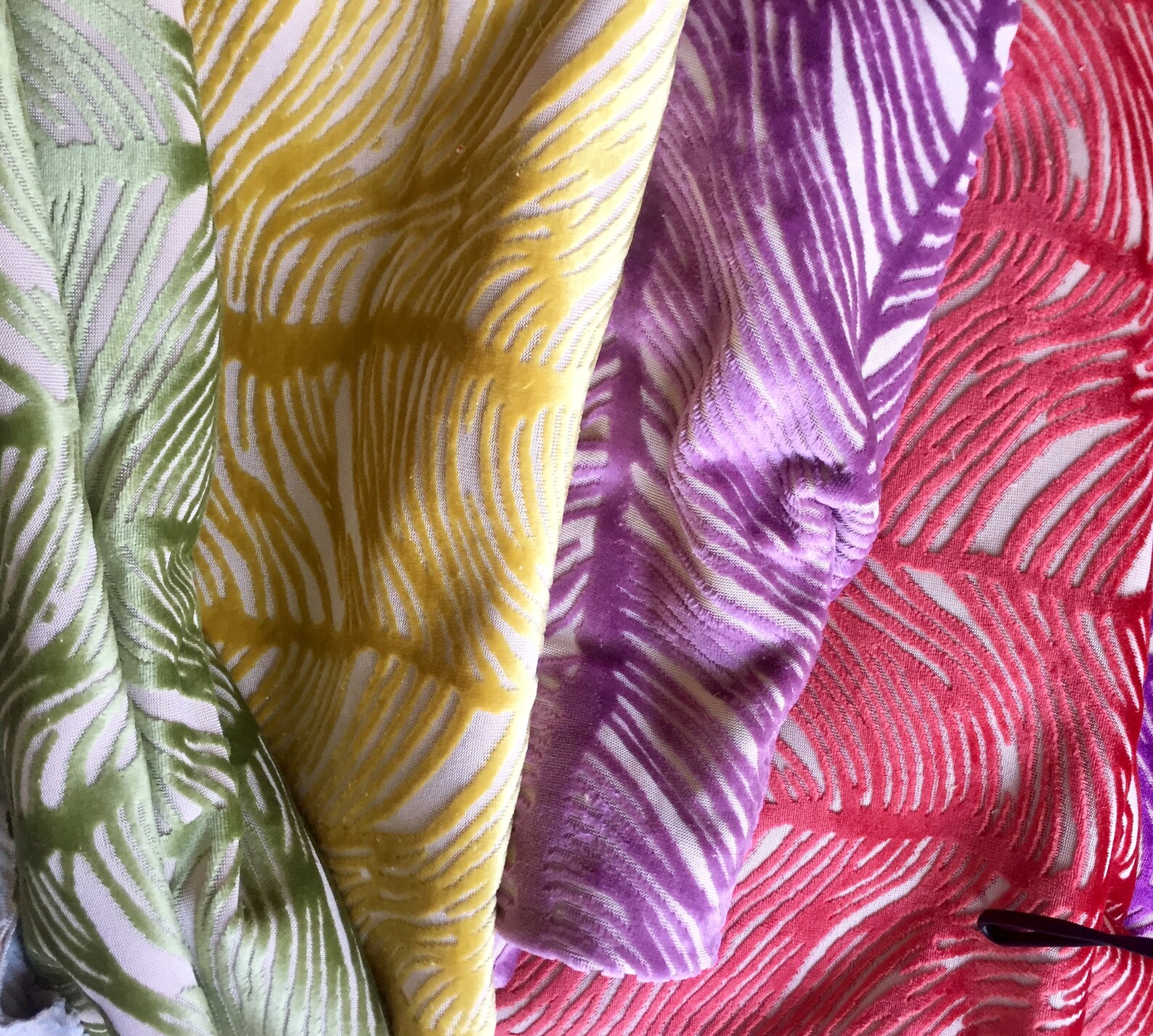 Poly Cut Velvet Burnout With Feather Pattern in Bright Colorways Red ...