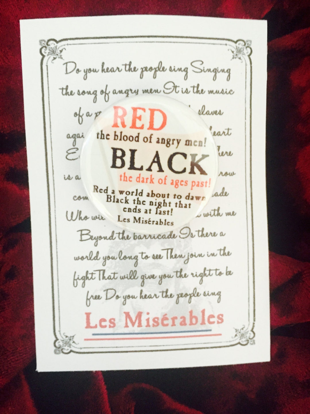 Les Miserables, Red and Black Inspired Pin, Pinback, Button, Victor ...